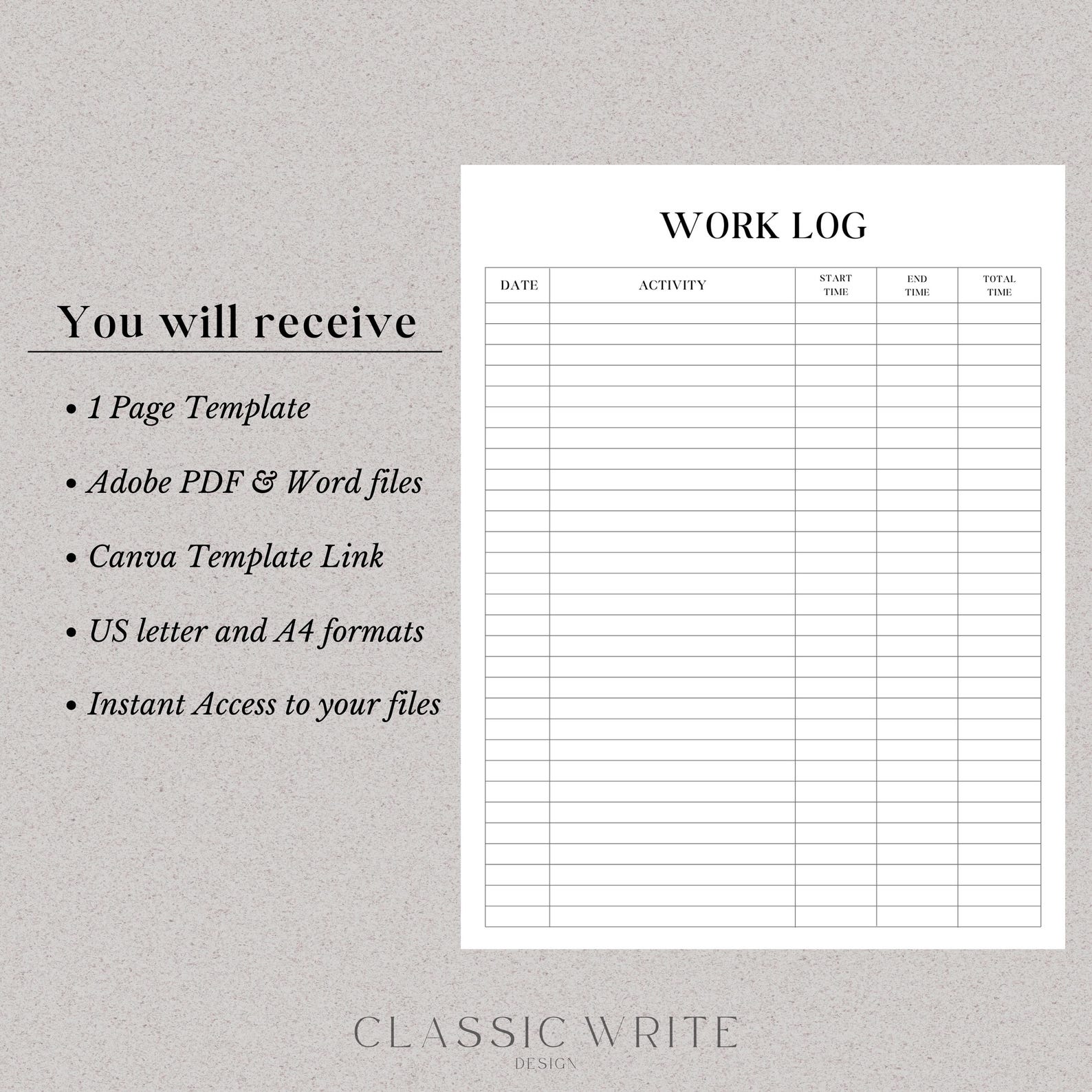 Work Log Printable Time Log Time Tracker Working Hours Log Activity ...