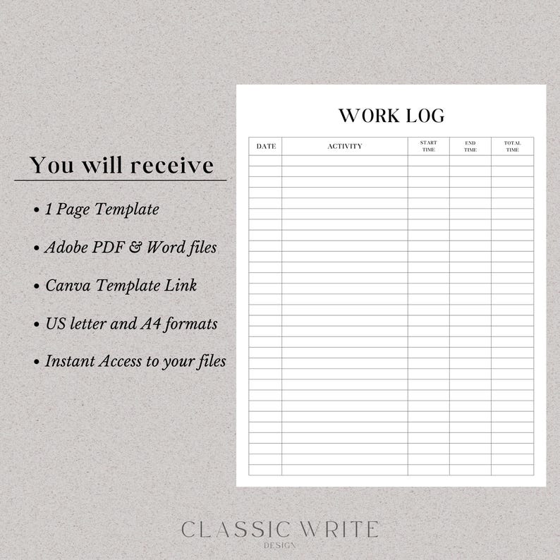 Work Log Printable Time Log Time Tracker Working Hours Log Activity ...