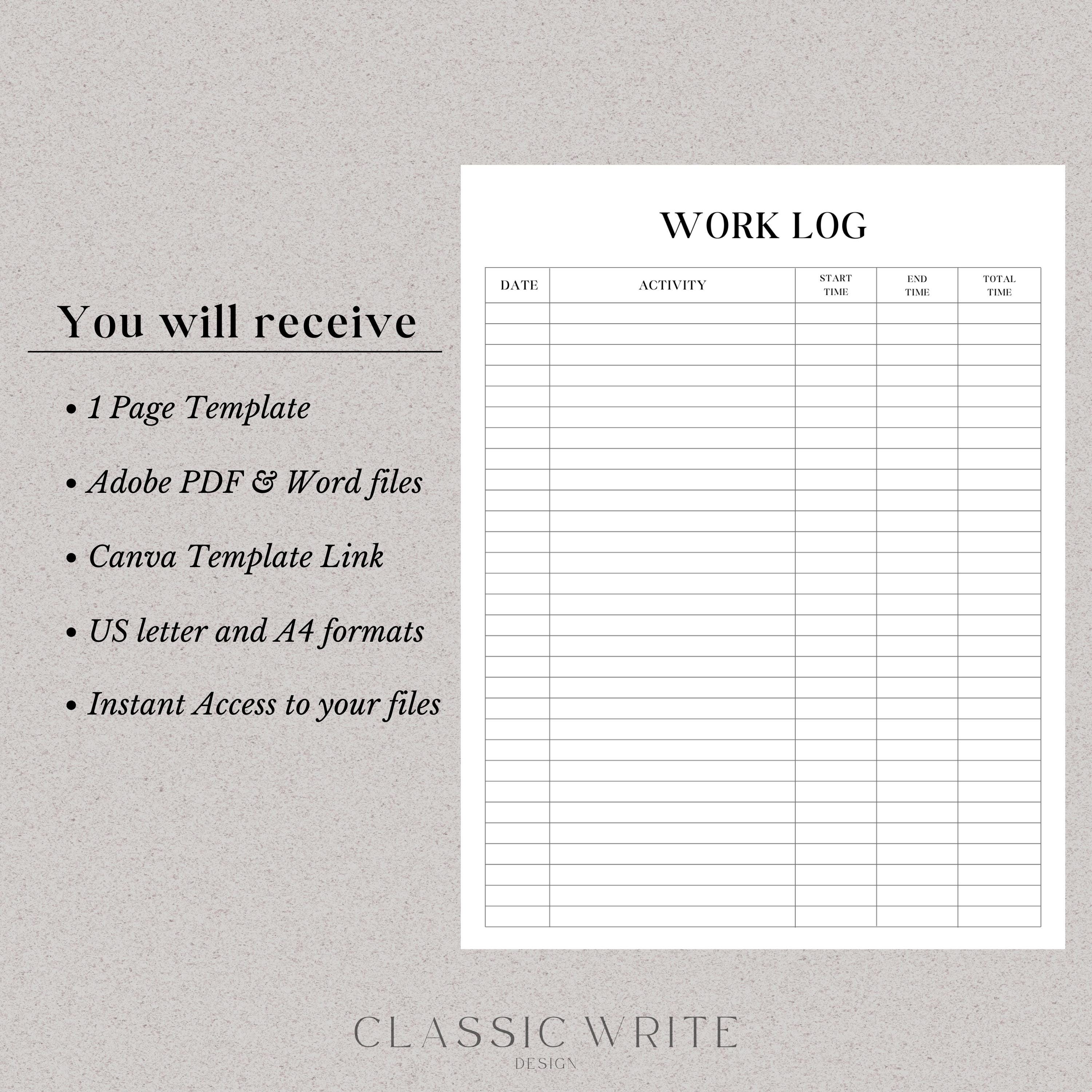 Work Log Printable Time Log Time Tracker Working Hours Log Activity ...