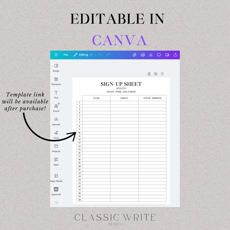 Sign up Sheet Editable PDF WORD DOCS Sign up Template Event Sign up ...