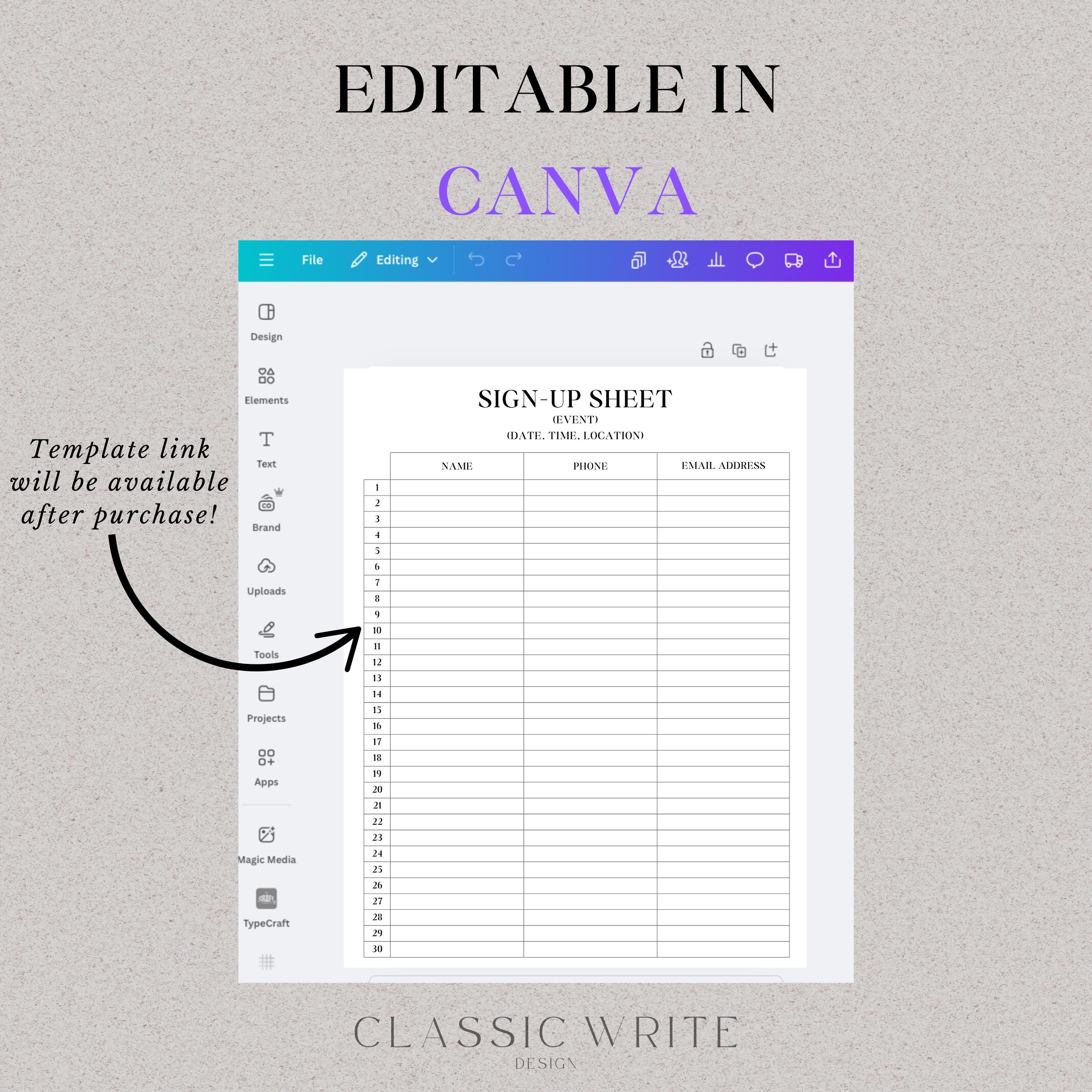 Sign up Sheet Editable PDF WORD DOCS Sign up Template Event Sign up ...