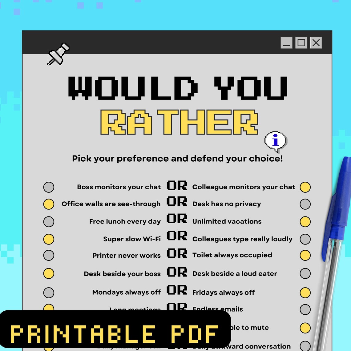 Office Games Would You Rather Game Pixel Retro Printable Work Games ...