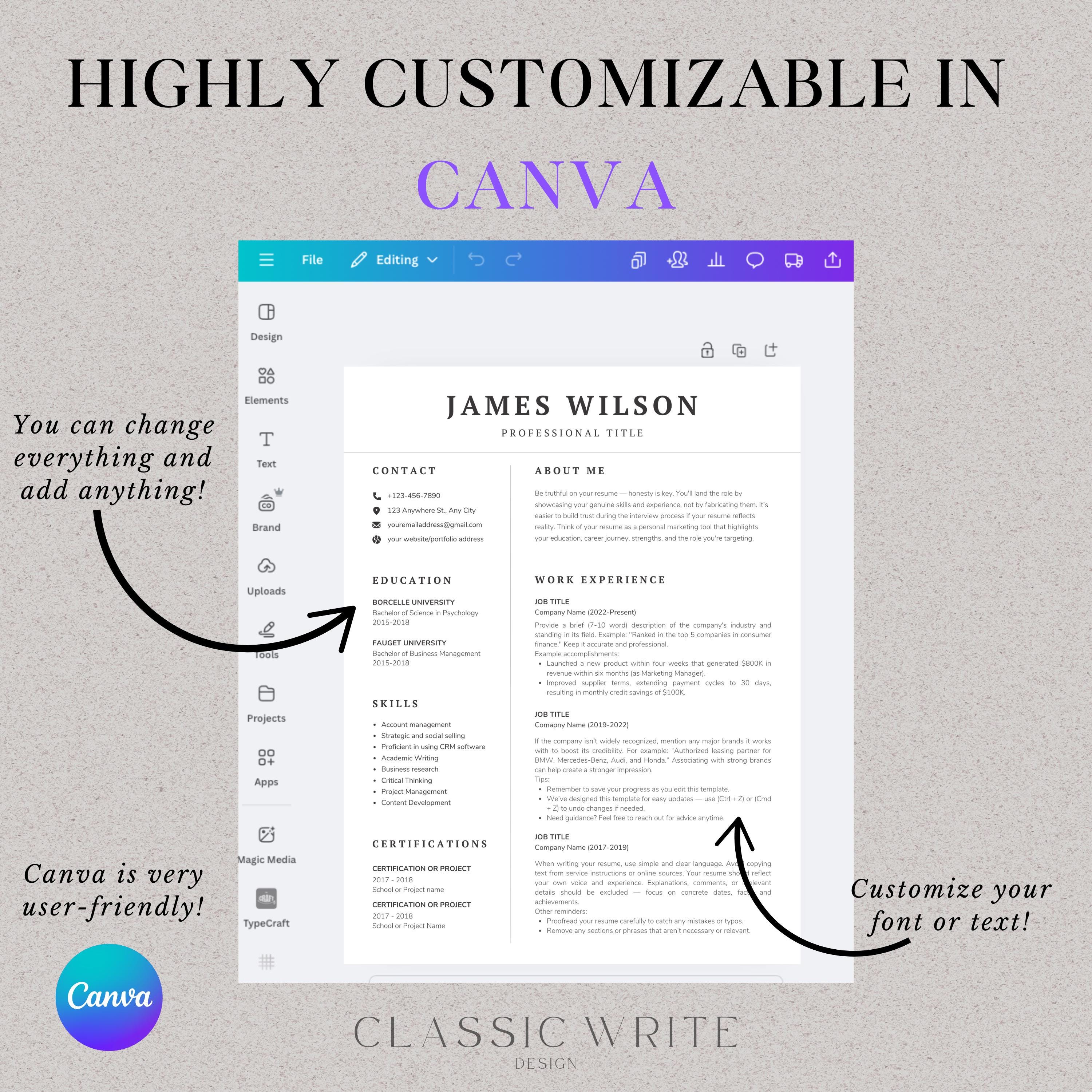 Professional Resume Template, No Photo, Canva Template Resume, Modern ...