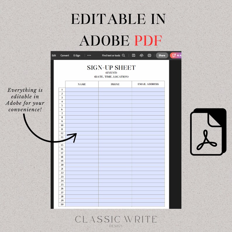 Sign up Sheet Editable PDF WORD DOCS Sign up Template Event Sign up ...