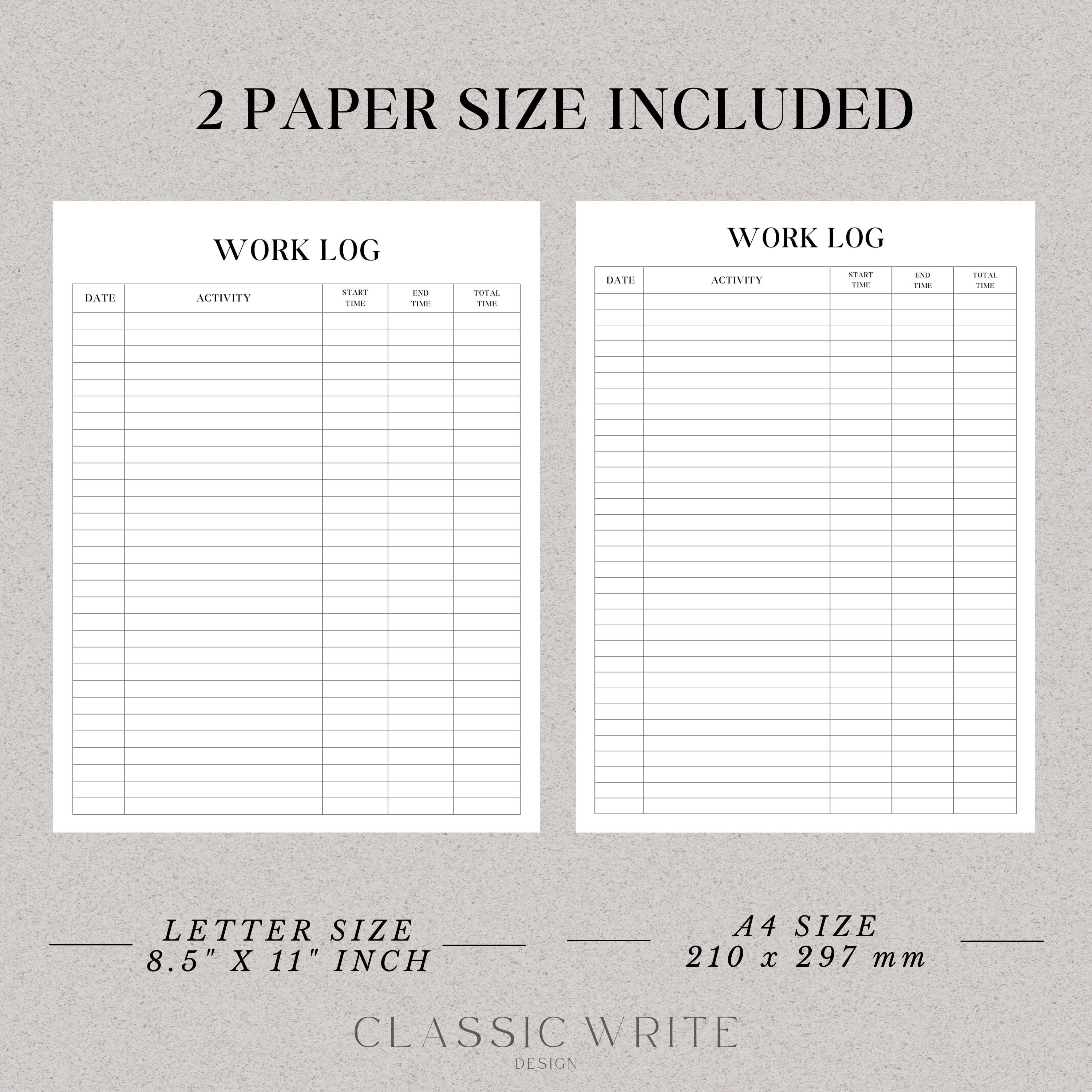 Work Log Printable Time Log Time Tracker Working Hours Log Activity ...
