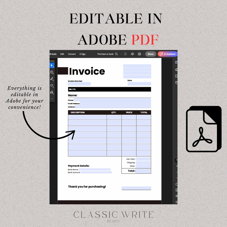 Custom Invoice Template Adobe Canva PDF Business Invoice Editable ...