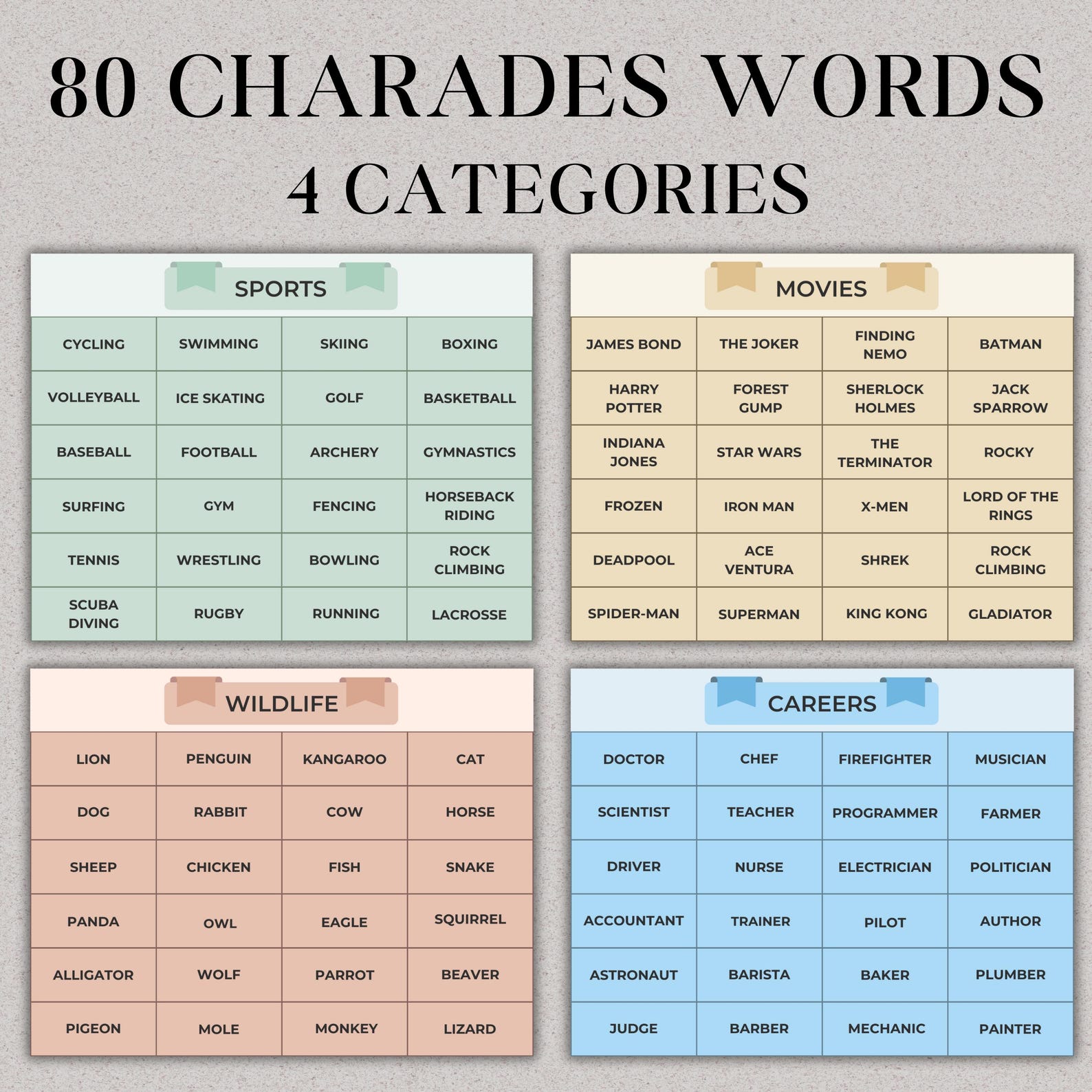 Printable Charades Set 80 Words Careers Movies Animals Sports Family ...
