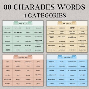 Printable Charades Set 80 Words Careers Movies Animals Sports Family ...