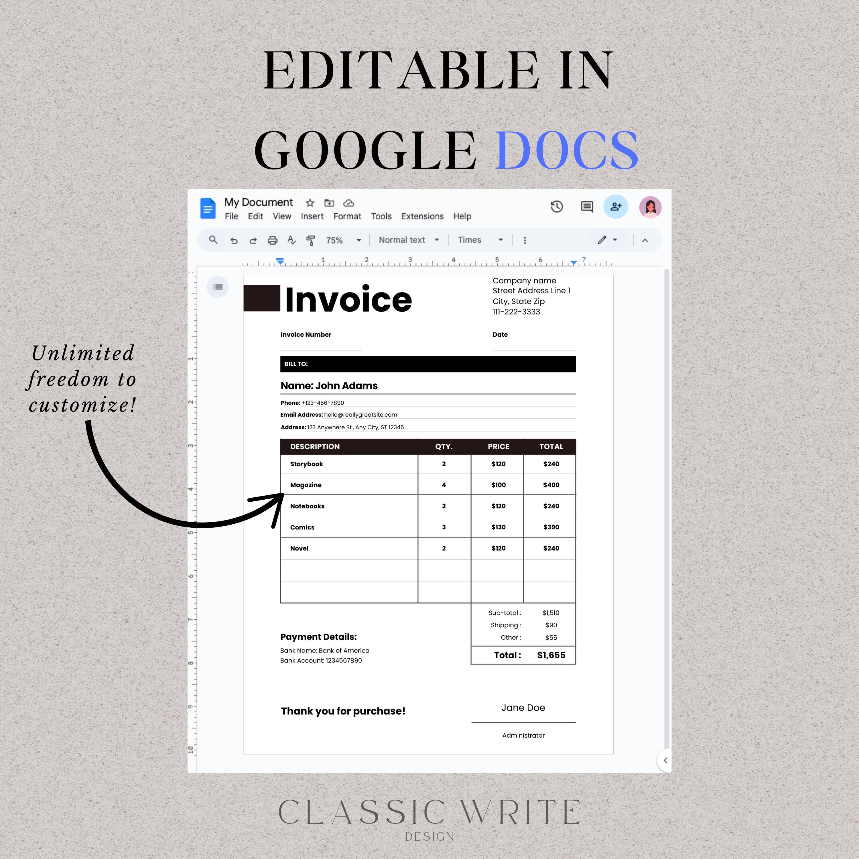 Custom Invoice Template Adobe Canva PDF Business Invoice Editable ...