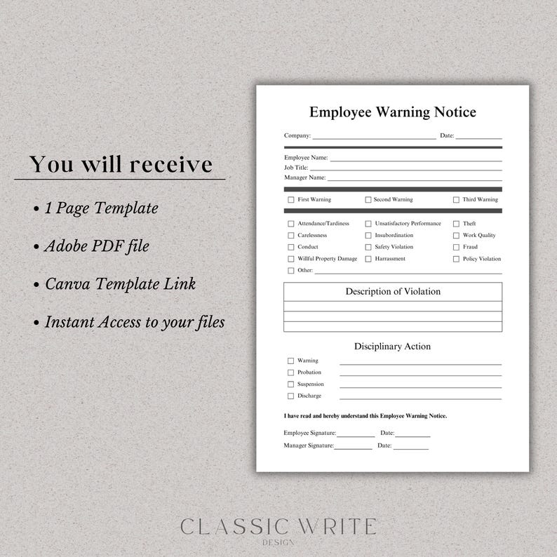 Employee Warning Notice Employee Write up Employee Discipline Employee ...