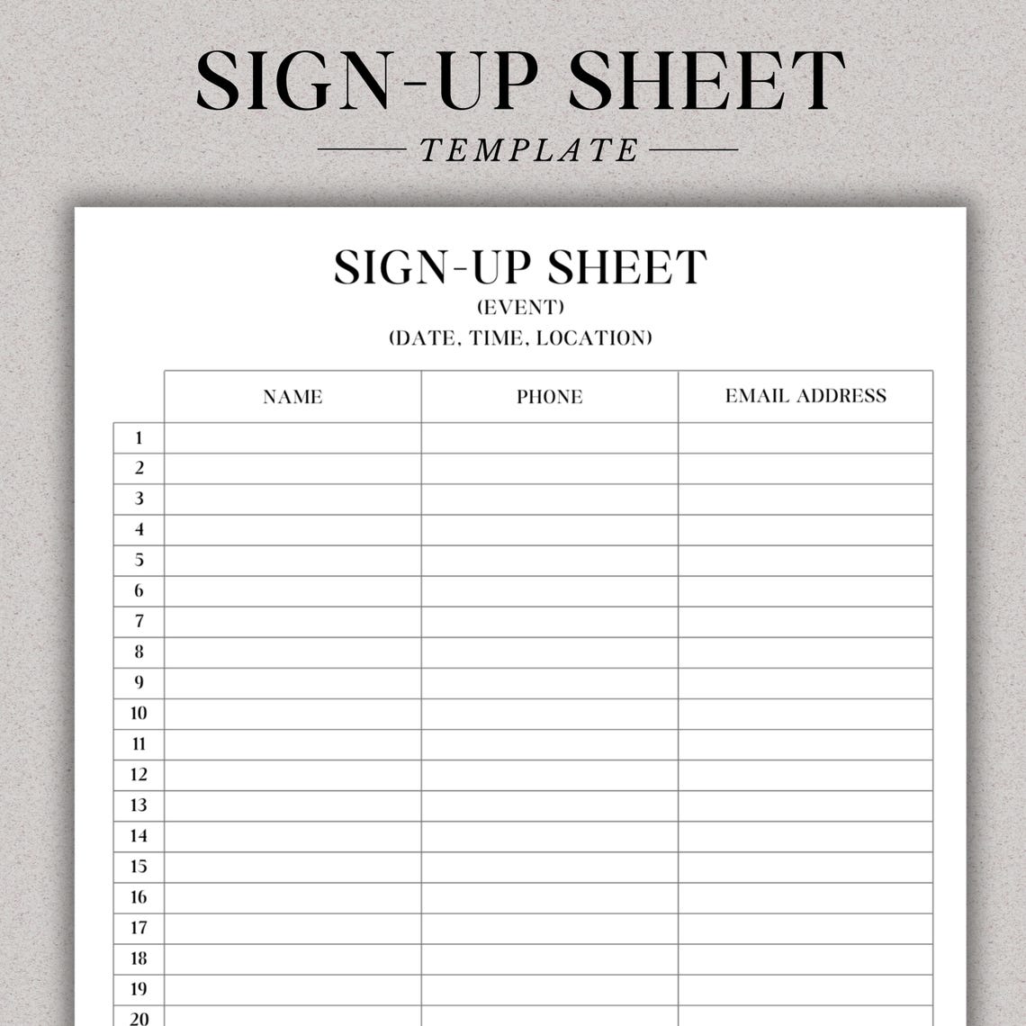 Sign up Sheet Editable PDF WORD DOCS Sign up Template Event Sign up ...