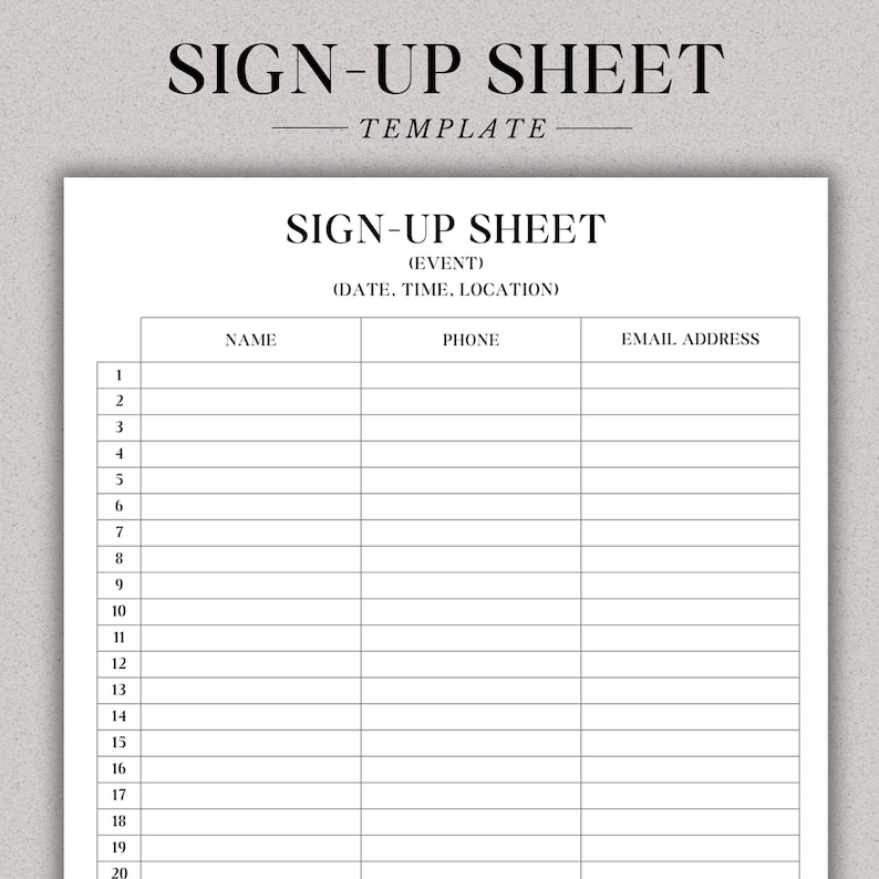 Sign up Sheet Editable PDF WORD DOCS Sign up Template Event Sign up ...