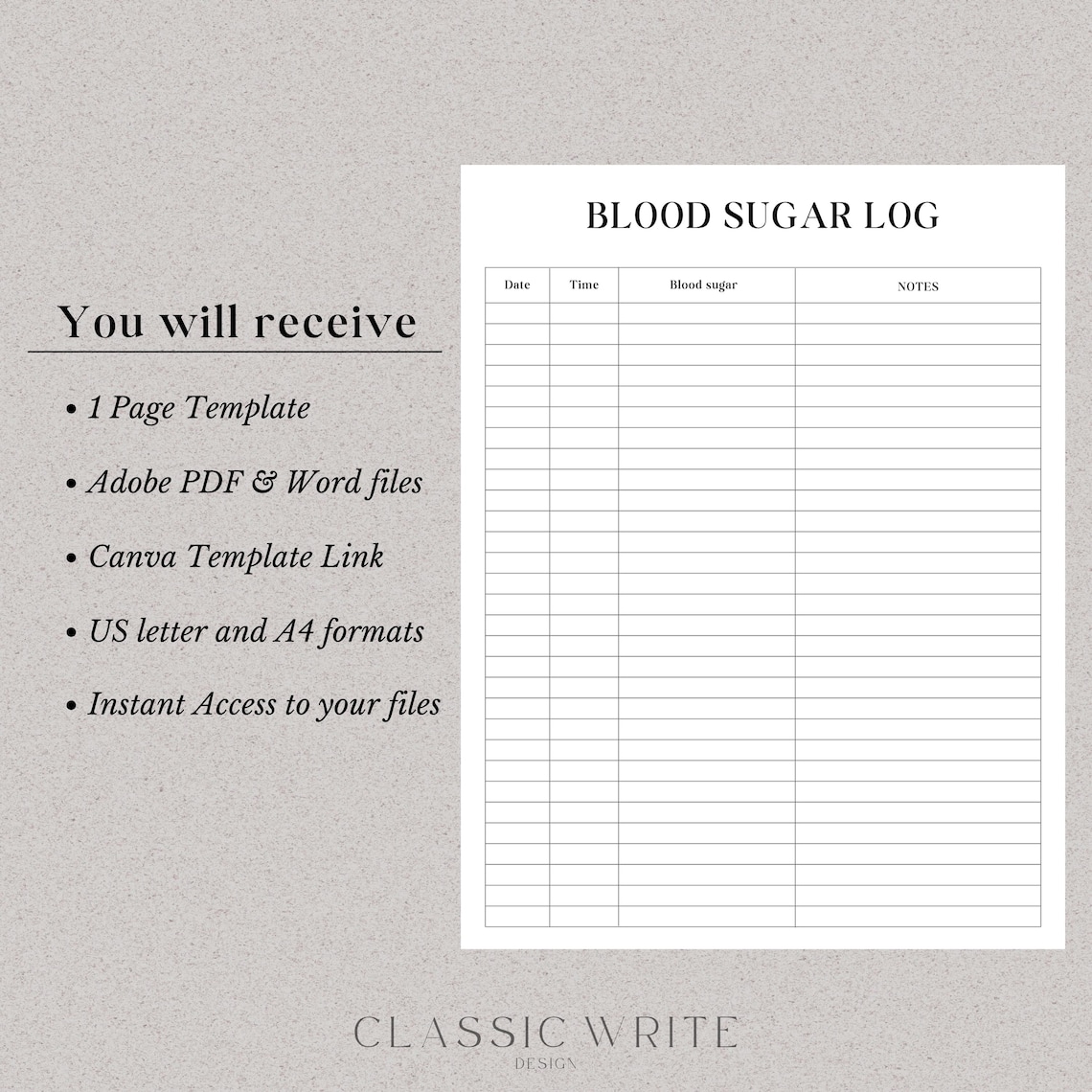 Blood Sugar Log Template Printable Adobe PDF Canva Word Docs Blood ...