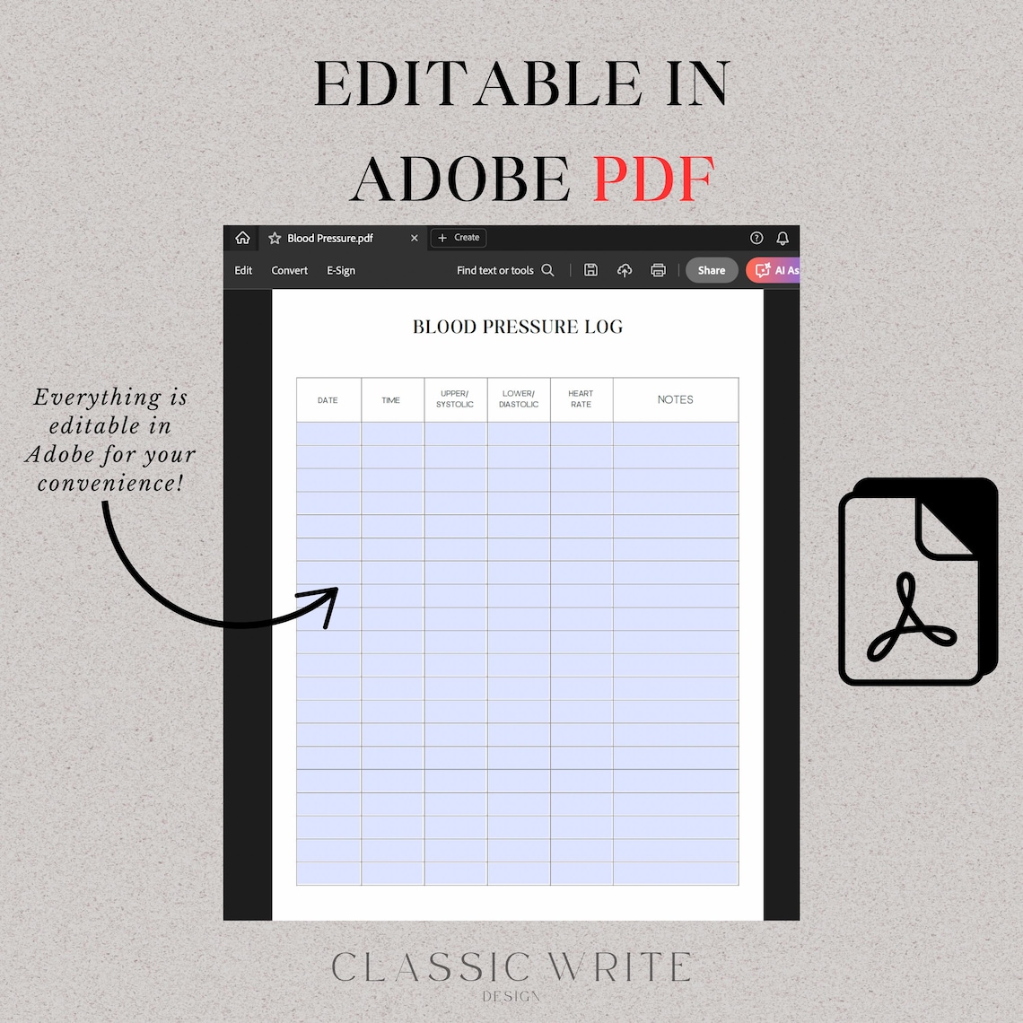 Blood Pressure Log Template Editable Adobe Canva PDF Blood Pressure ...