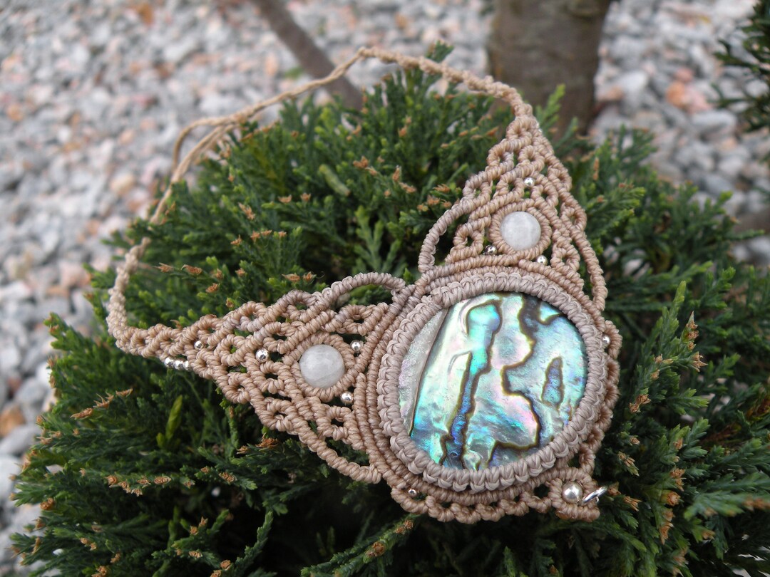 Abalone Shell and Moonstone Macrame Necklace, Bohemian Wedding Jewelry ...