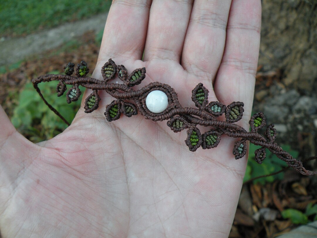 Moonstone Macrame Choker/ Tiara/ Bracelet. Leaves Green Wood Inspired ...