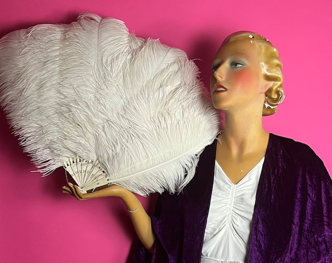 1910s Edwardian White Ostrich Feather Fan With Perforated White Plastic ...