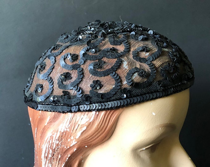 1920s French Sequinned and Beaded Skull Cap, Black, Excellent Condition ...