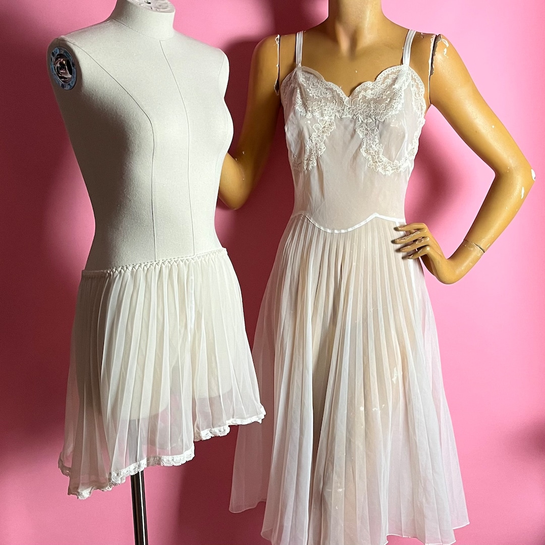 1960s Sheer White Pleated Slip and Tap Pants Babydoll Set, Lace Detail ...