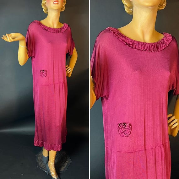 1920s Raspberry Pink Silk Jersey Dress, Drop Waist, S… - Gem
