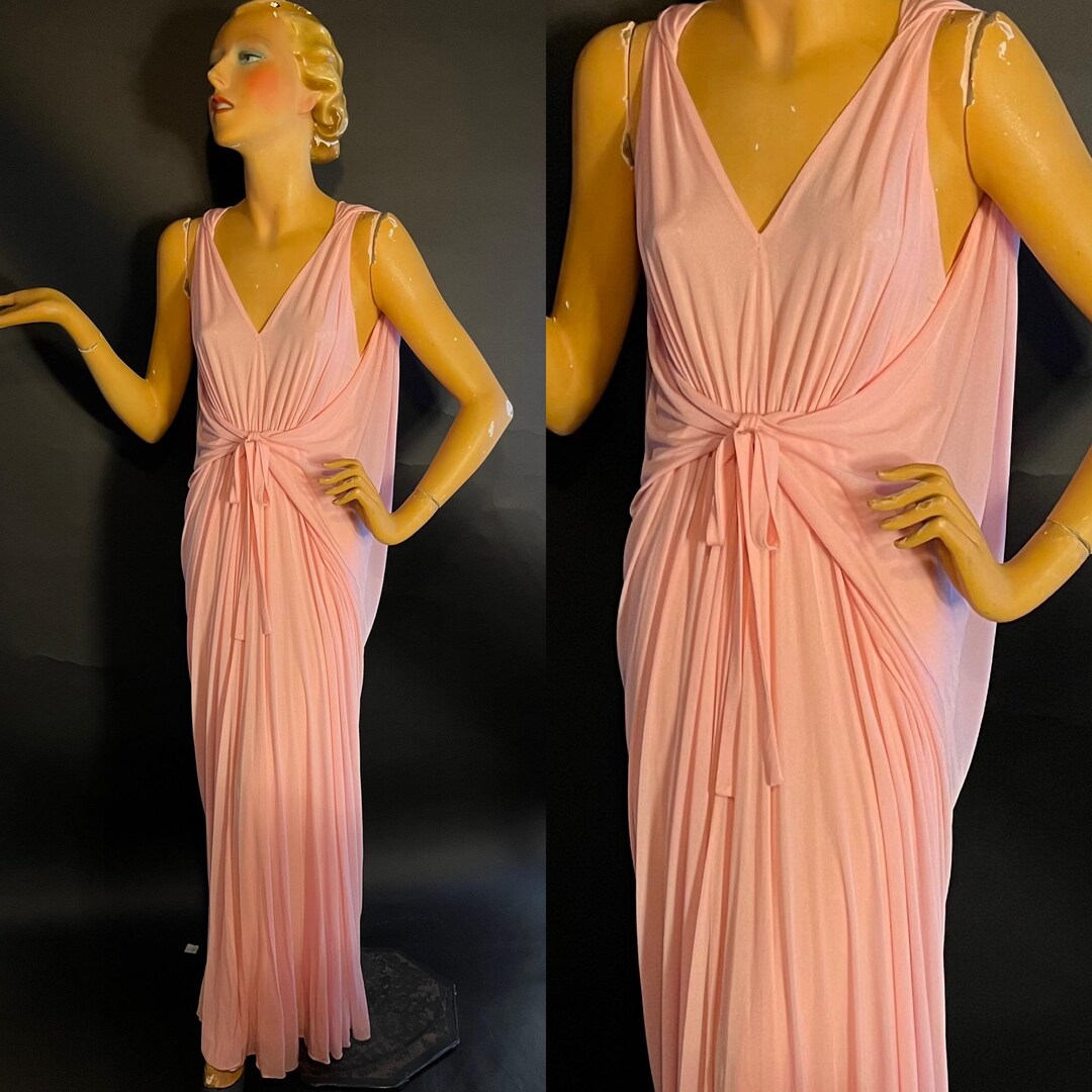 1970s Pink Frank Usher Draped Grecian Goddess Neoclassical Dress, Full ...