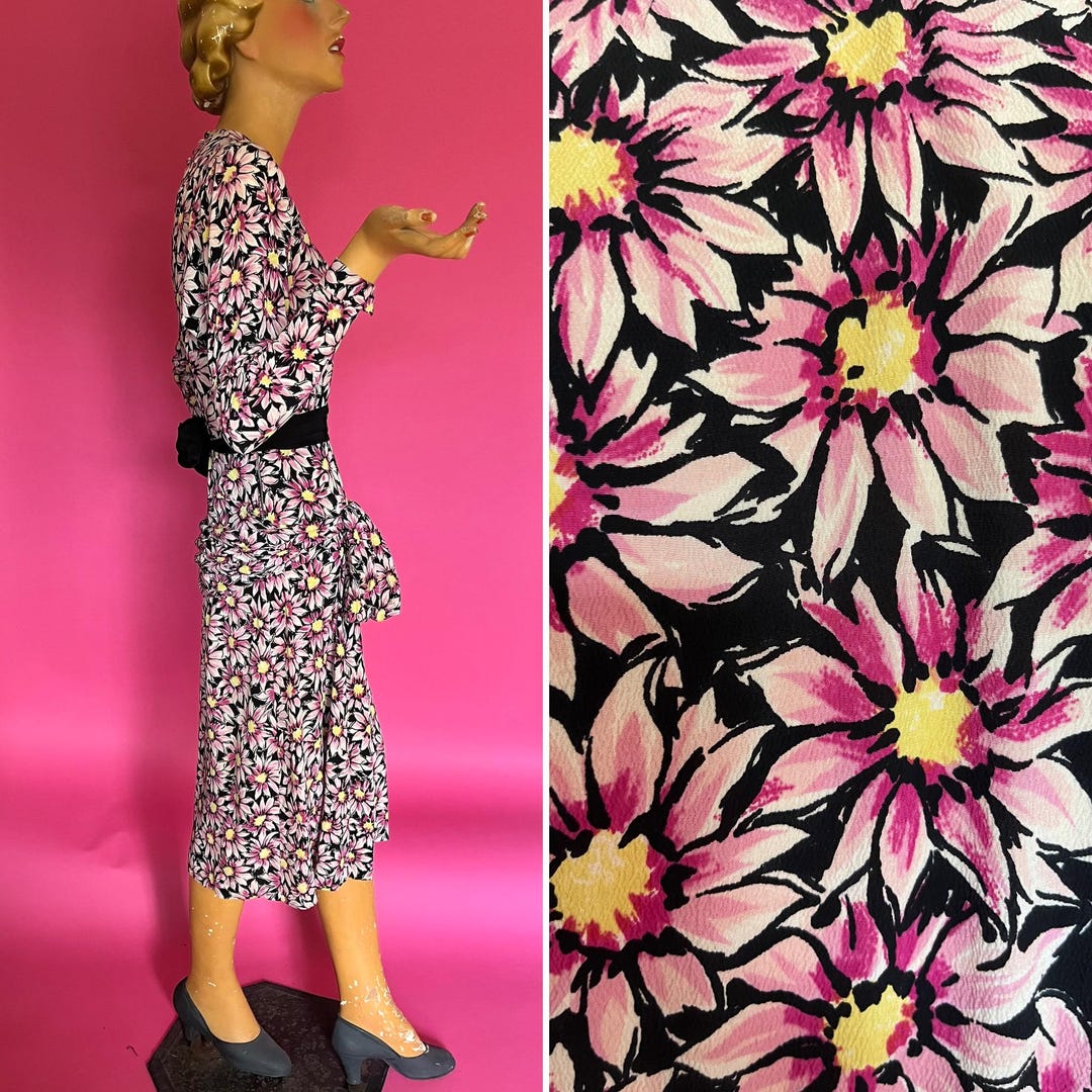 1940s Magenta Floral Crepe Day Dress, Wonderful Hip Swag, Bat Wing Long ...