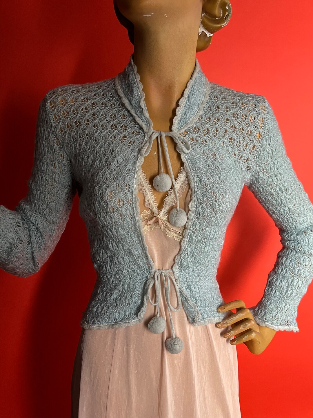 1940s Maid Marian Pale Blue Knit Bedjacket Cardigan, Peplum, Bobble Tie ...