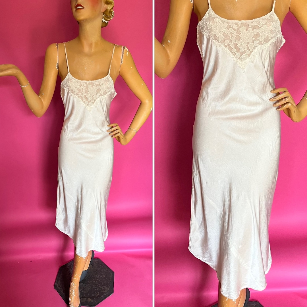 1930s Ivory Silk Bias Cut Slip With Lace Inset, Spaghetti Straps, Below ...