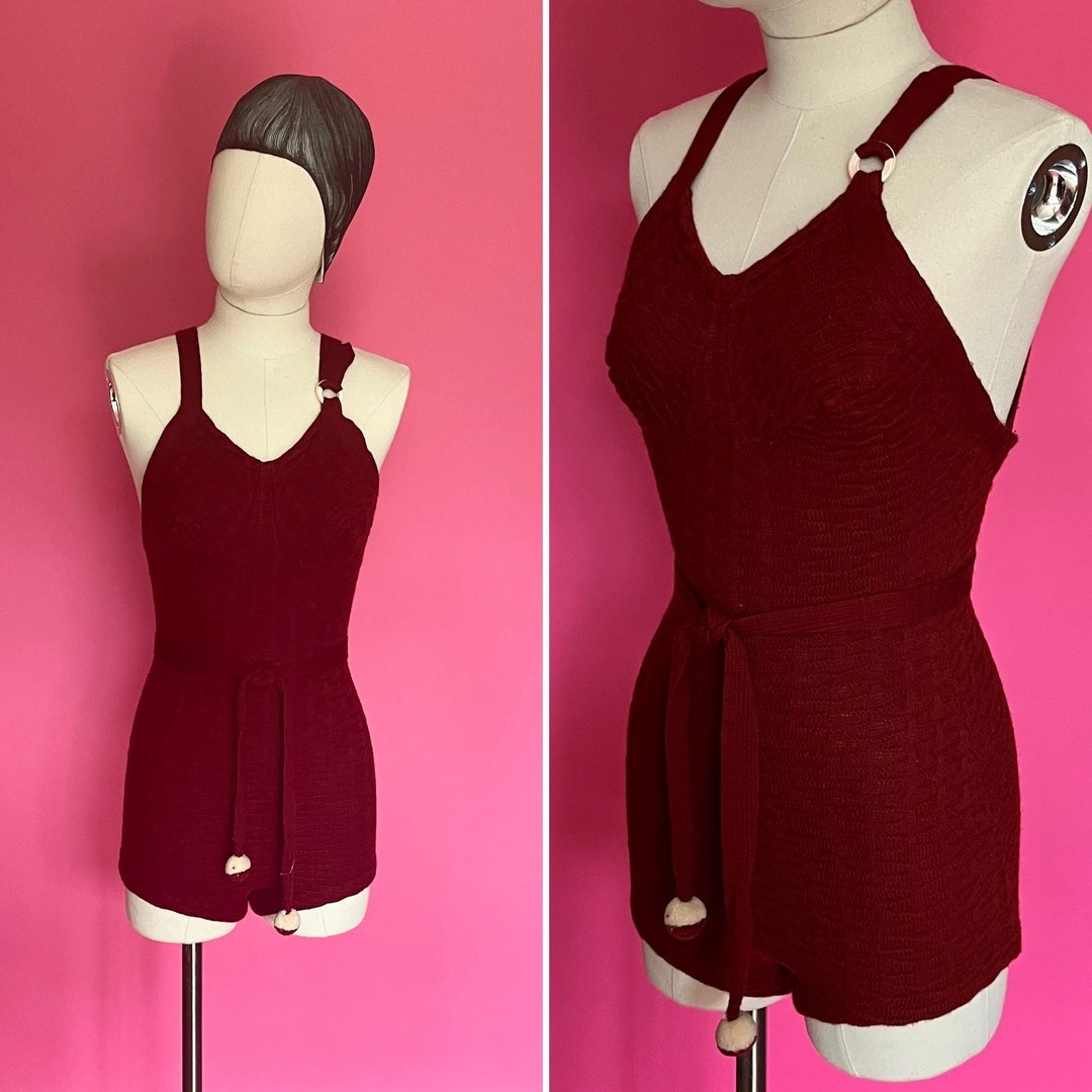 Incredible 1930s Oxblood Red Wool Knit Swimsuit With Pom Pom Belt ...
