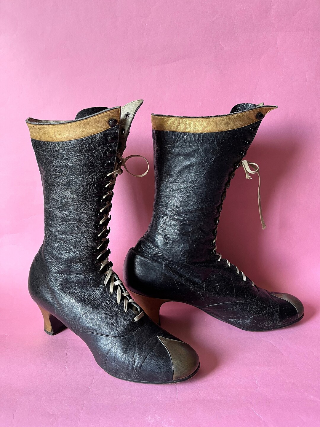 1920s Black and Gold Leather Lace up Mid Calf Low Heeled Boots ...