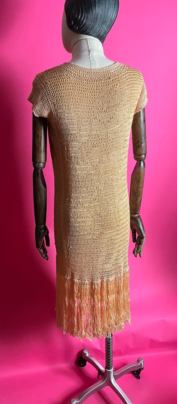 1920s Silk Yarn Crocheted Short Sleeve Dress with Fri… - Gem