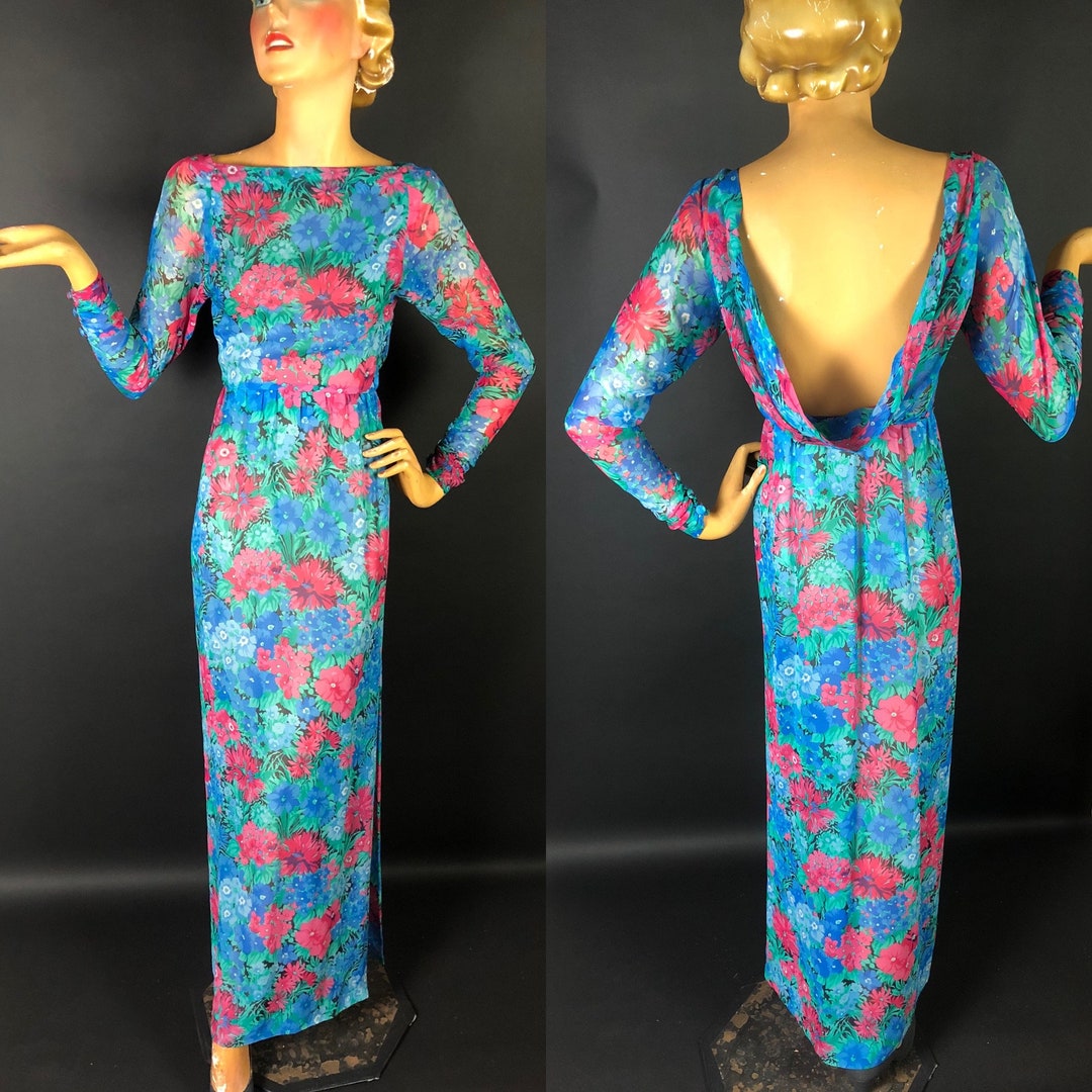 Stunning 1960s Chez Ninon Silk Chiffon Floral Sheath Dress With Belt ...