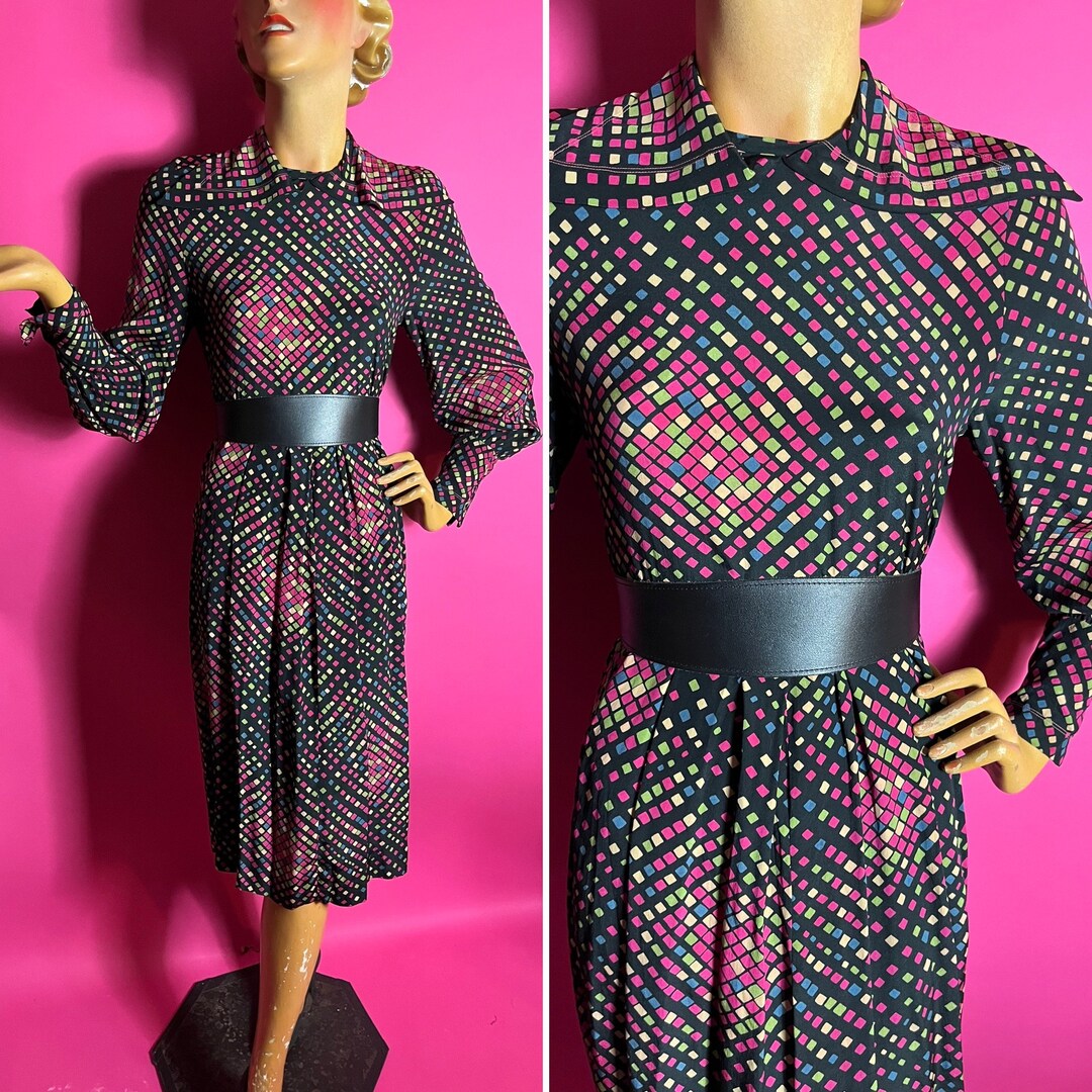 Fantastic 1940s Avant Garde Op Art Silk Dress With Wide Dagger Collar ...