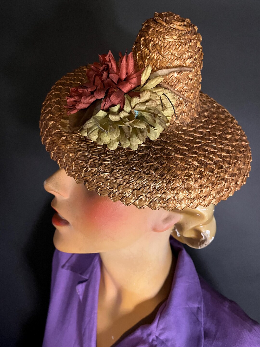 Rare 1940s Toy Mini Sun Hat, Tilt, Straw Woven, Sombrero Style, With ...