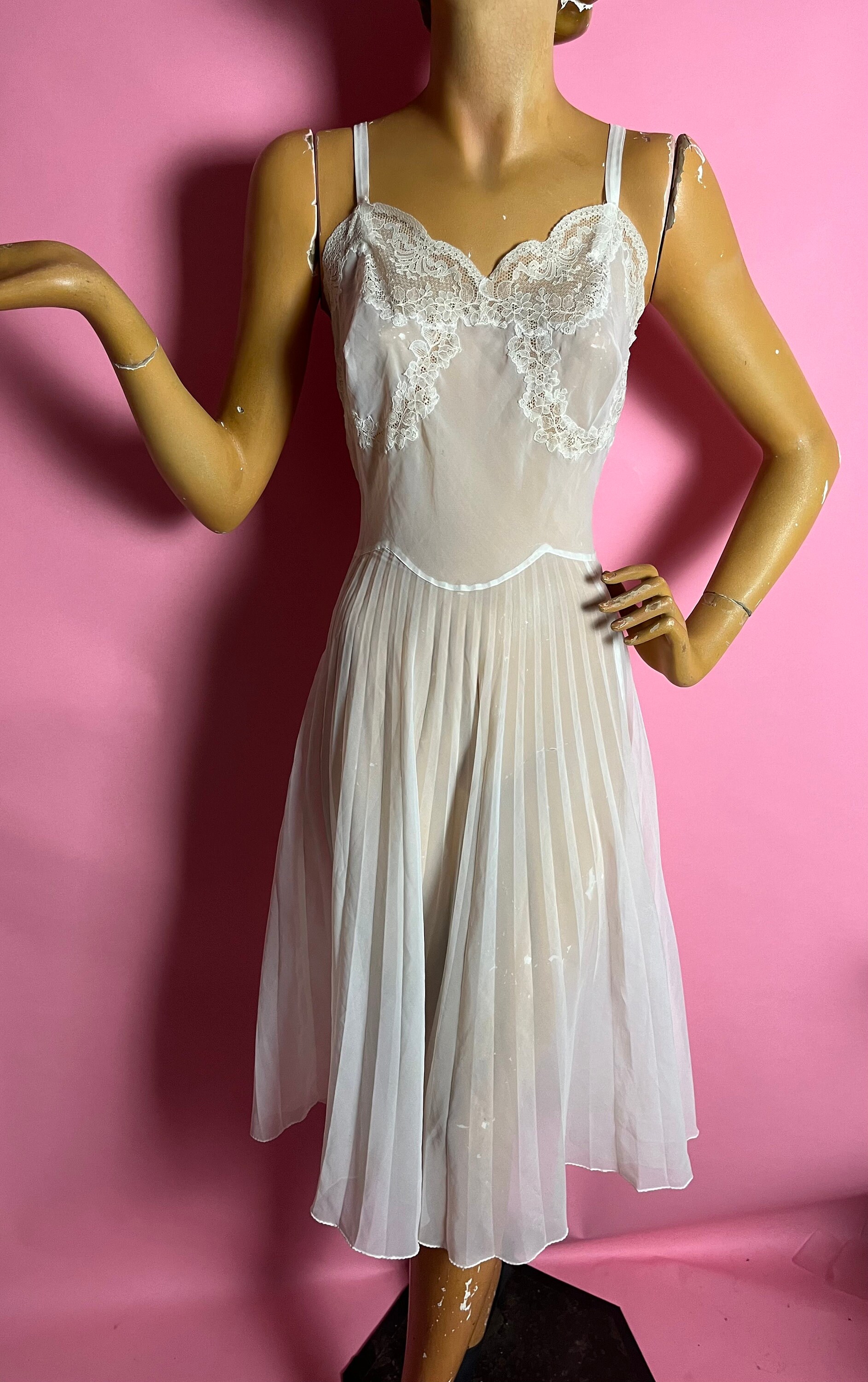 1960s Sheer White Pleated Slip and Tap Pants Babydoll Set, Lace Detail ...