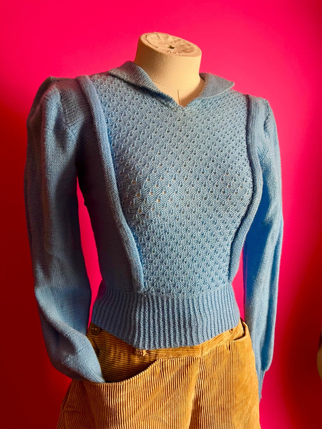 1940s Sky Blue Wool Pullover Sweater With Collar, Slight Puff Shoulders ...