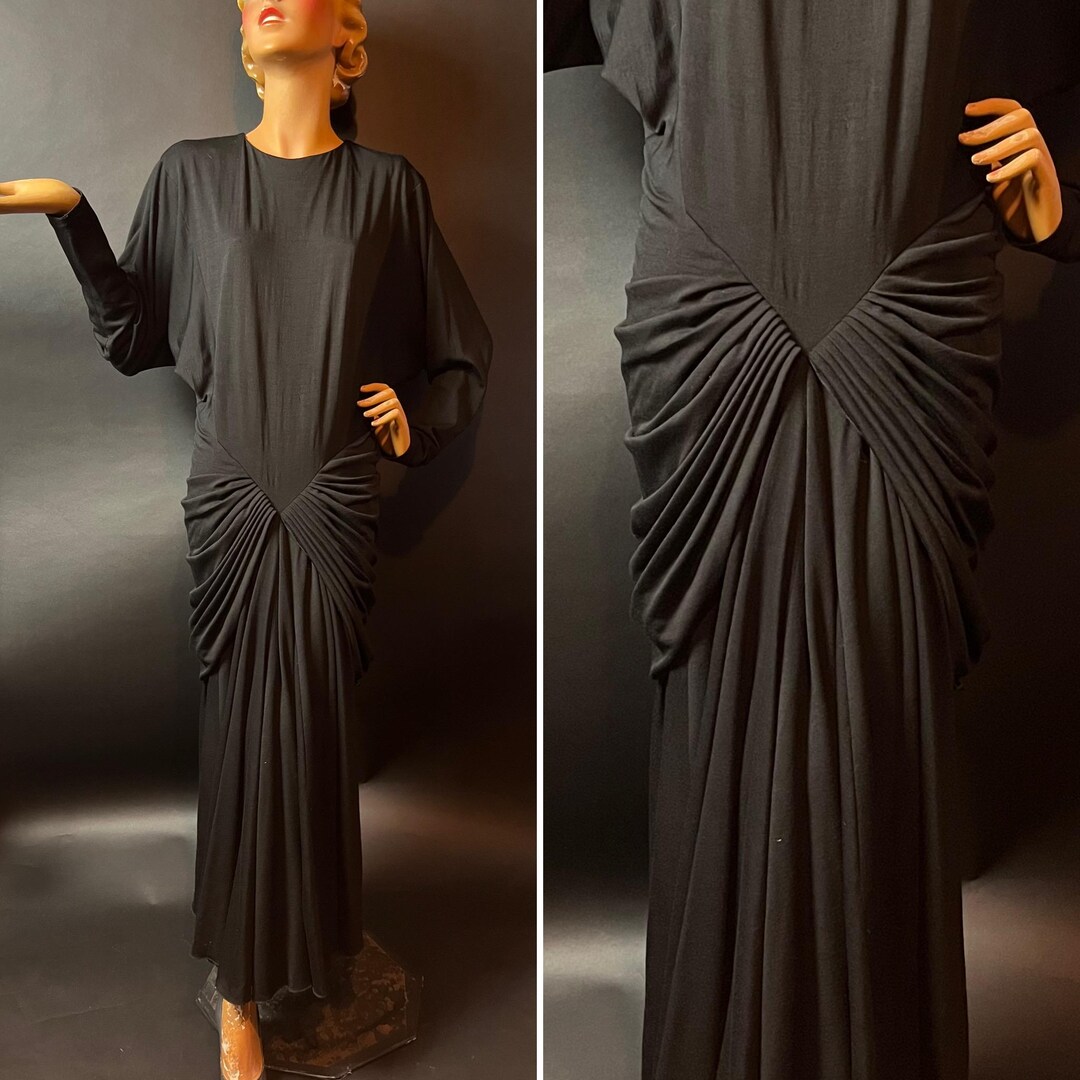 1980s Droopy & Browns by Angela Holmes Black Wool Maxi Dress, Batwing ...