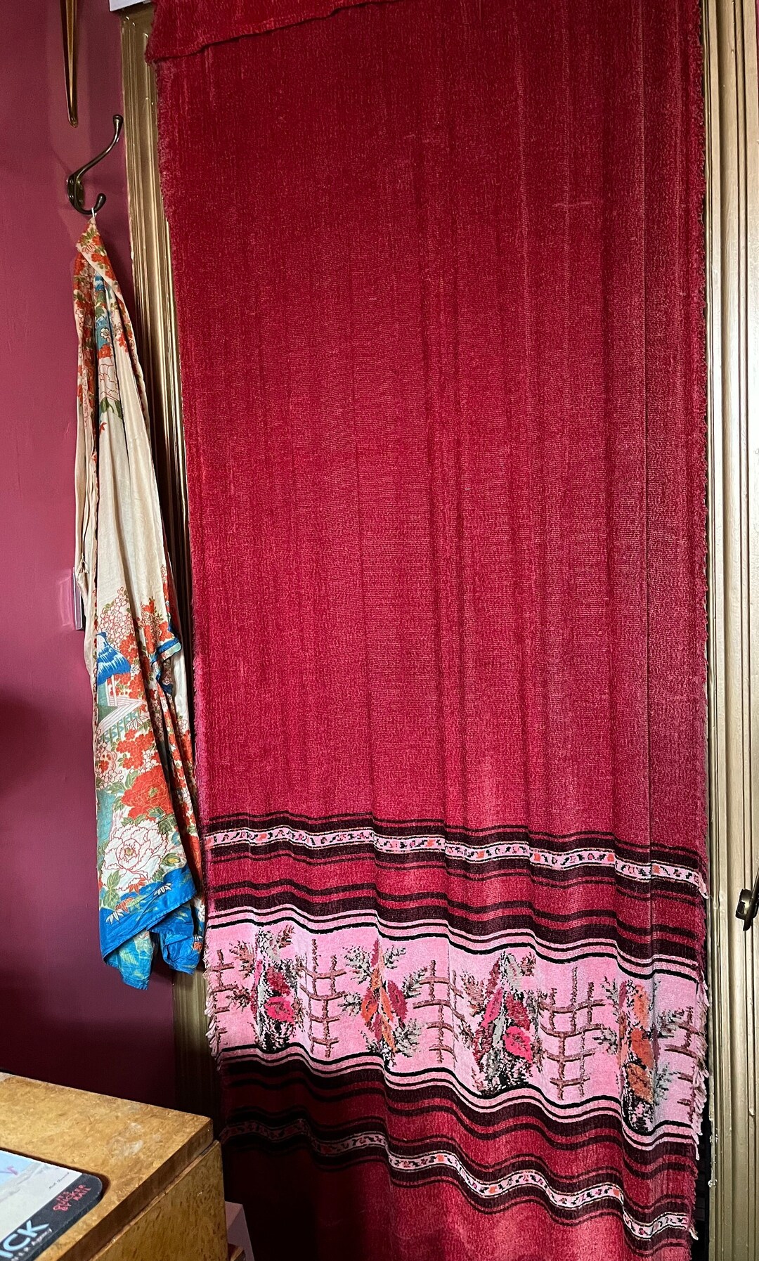 1920s Pair of Red & Pink Chenille Curtains With Floral Detail, Fringe ...