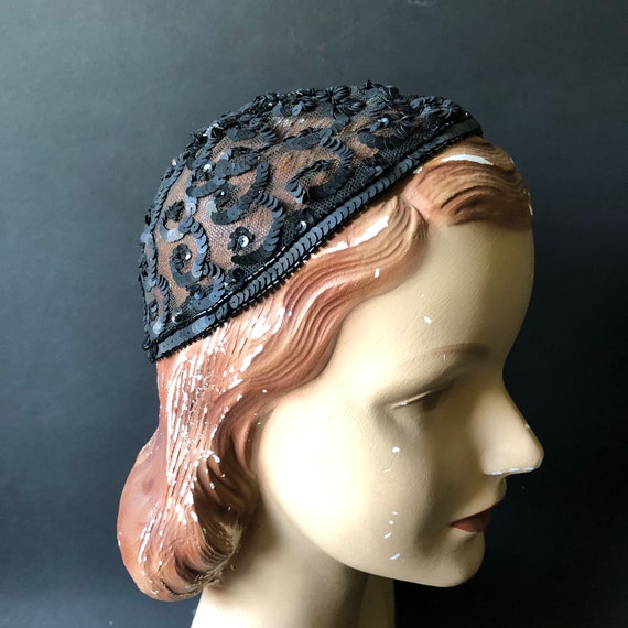 1920s French Sequinned and Beaded Skull Cap, Black, E… - Gem
