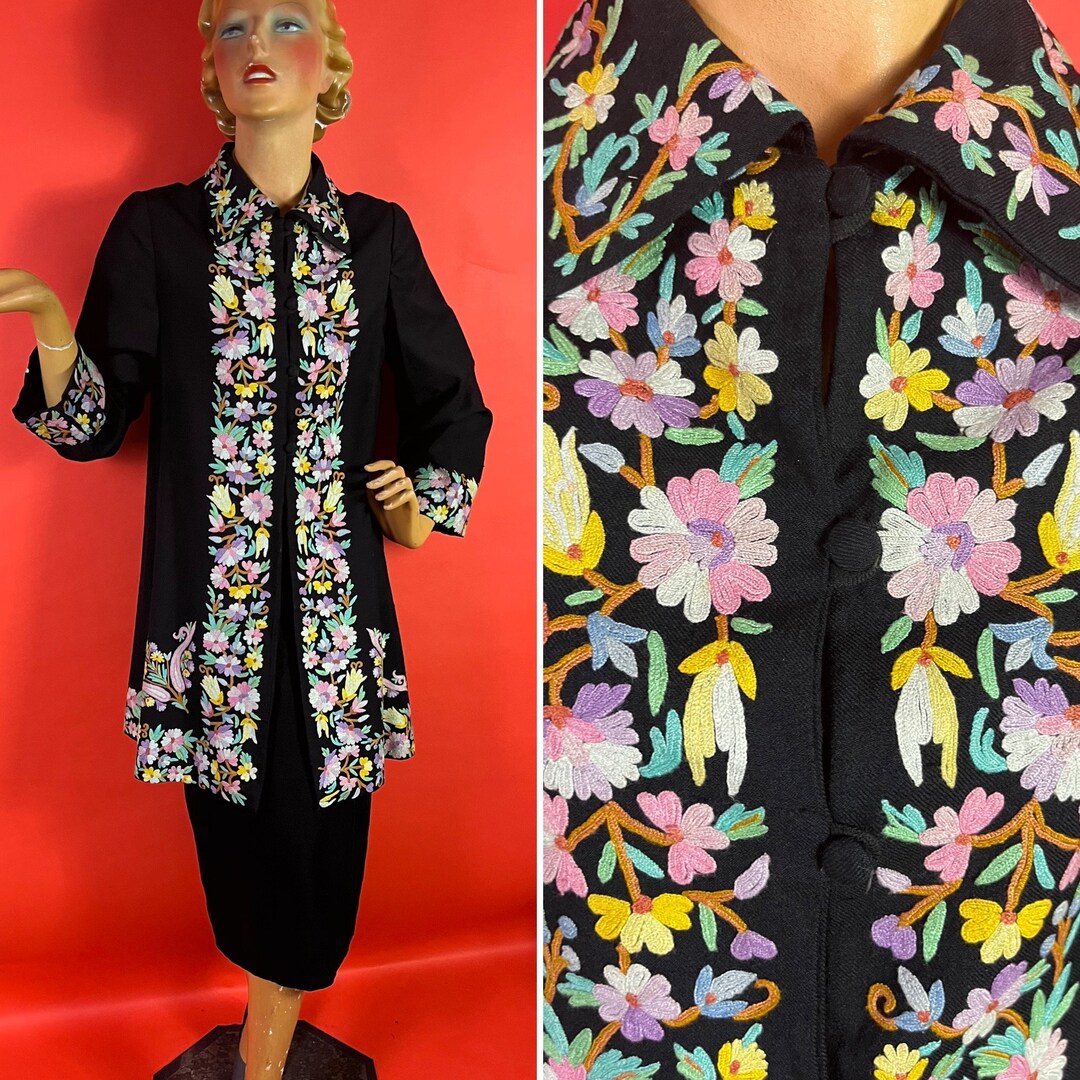 Gorgeous 1930s Embroidered Wool Coat With Collar, Chainstitch Wool ...