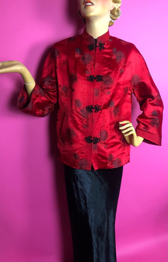 1960s Red Chinese Silk Satin Jacket Tailored By Davi Gem