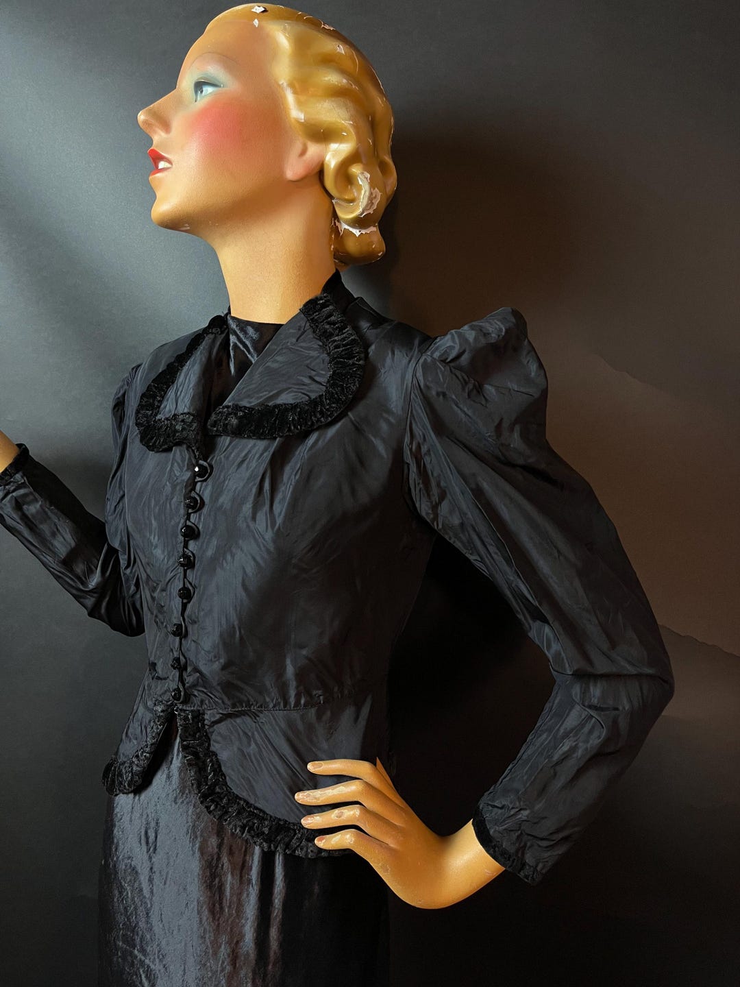 1930s 1940s Black Victorian Style Jacket, Wide Lapels, Velvet Trim ...