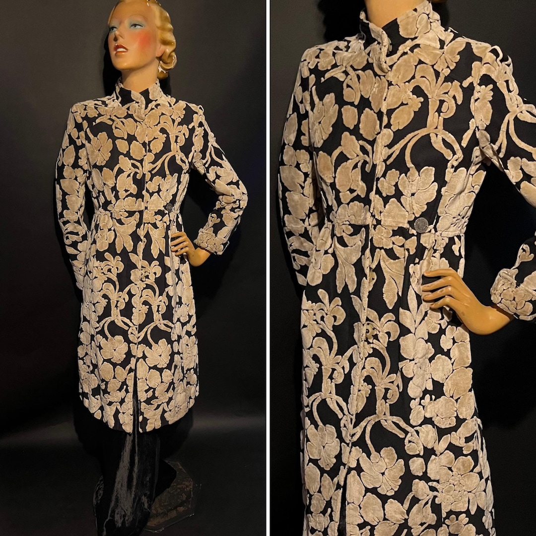 Y2K John Galliano. Devoré Velvet Coat, Black and Cream, High Neck ...