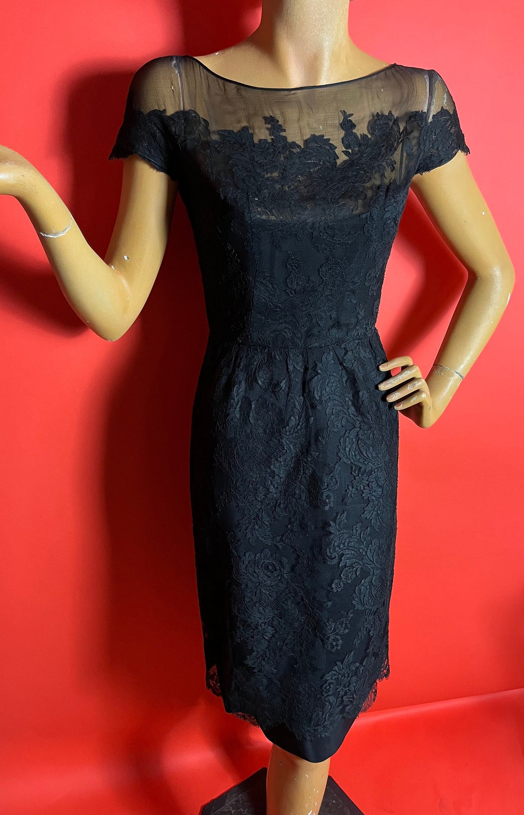 Gorgeous 1950s Black Lace Illusion Wiggle Cocktail Dress, LBD, Cap ...