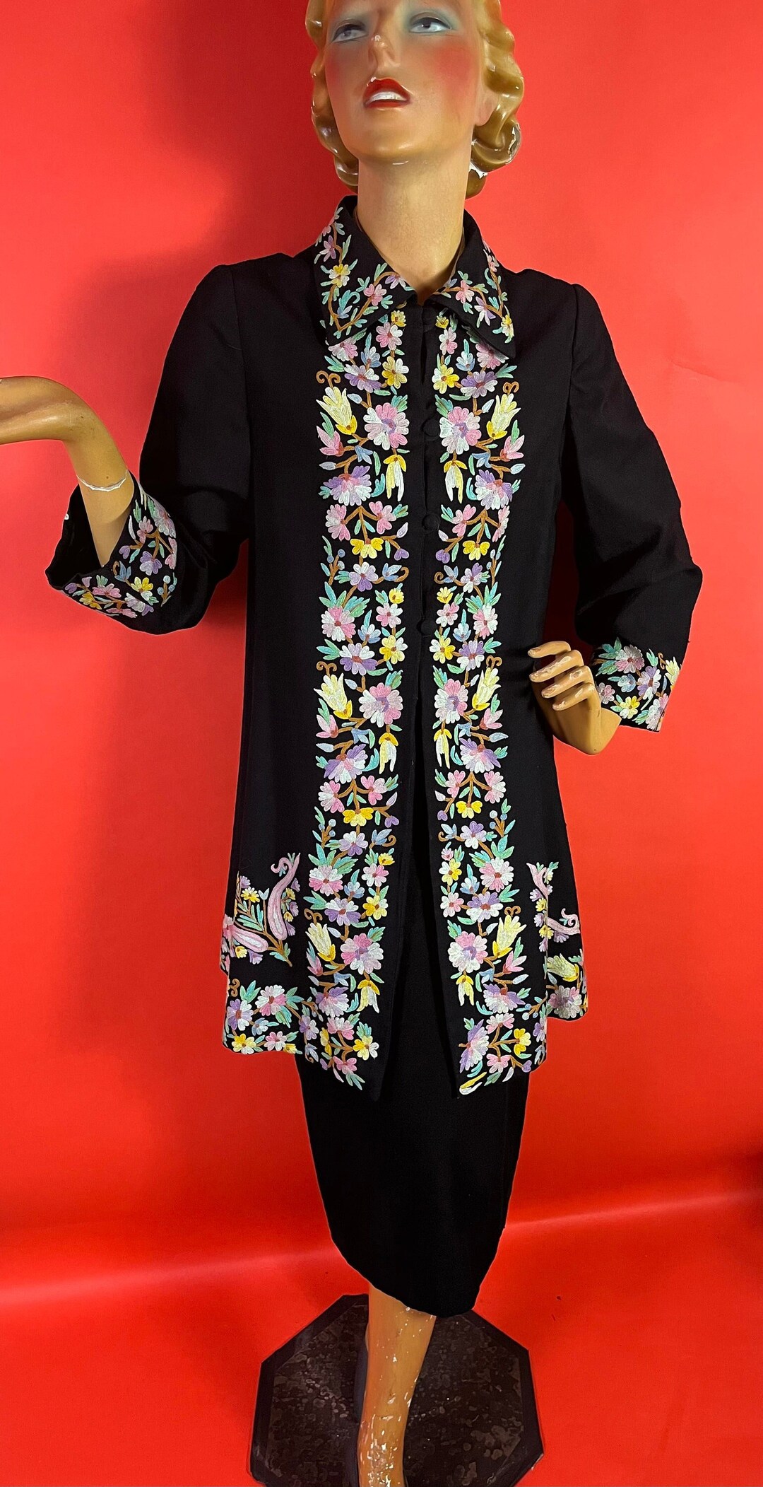 Gorgeous 1930s Embroidered Wool Coat With Collar, Chainstitch Wool ...