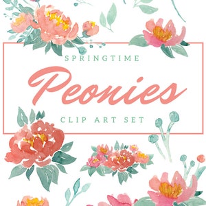 Springtime Peony Watercolor Clip Art Set in Coral and Teal - Etsy