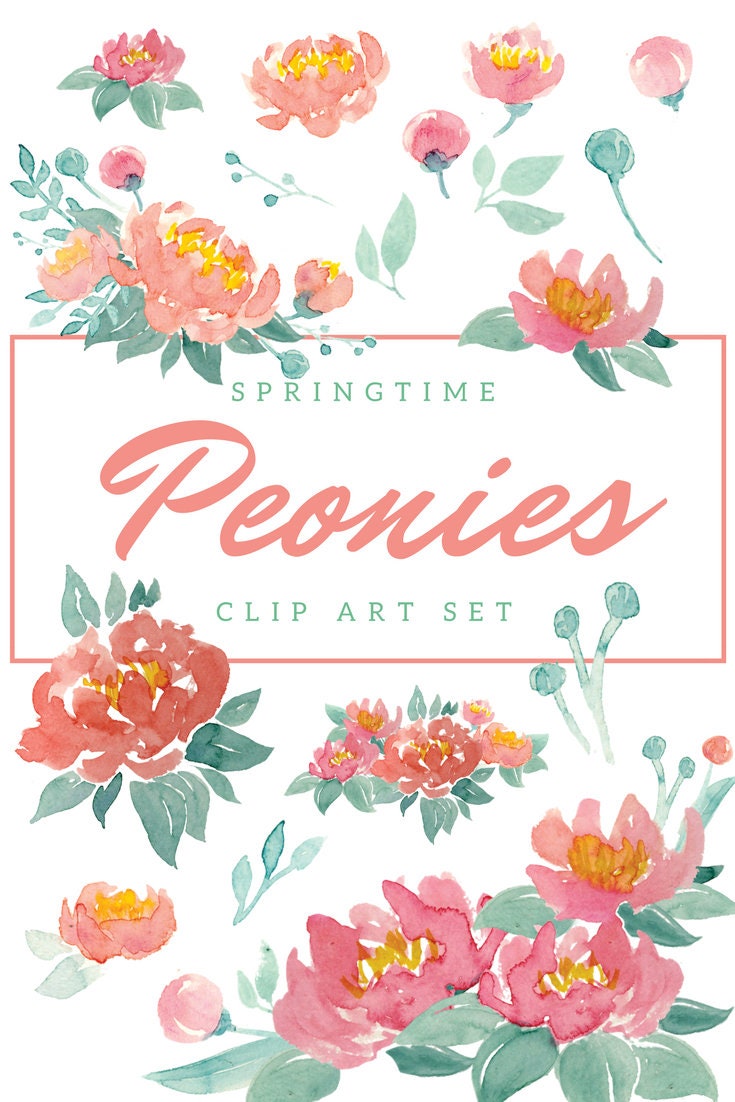Springtime Peony Watercolor Clip Art Set in Coral and Teal - Etsy