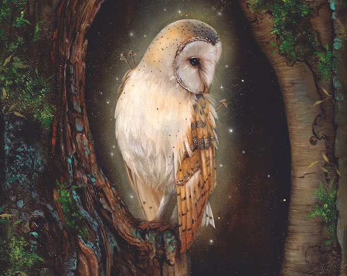 Print Titled the Magic Lights Bird Print, Owl Art, Owl Oil Painting ...