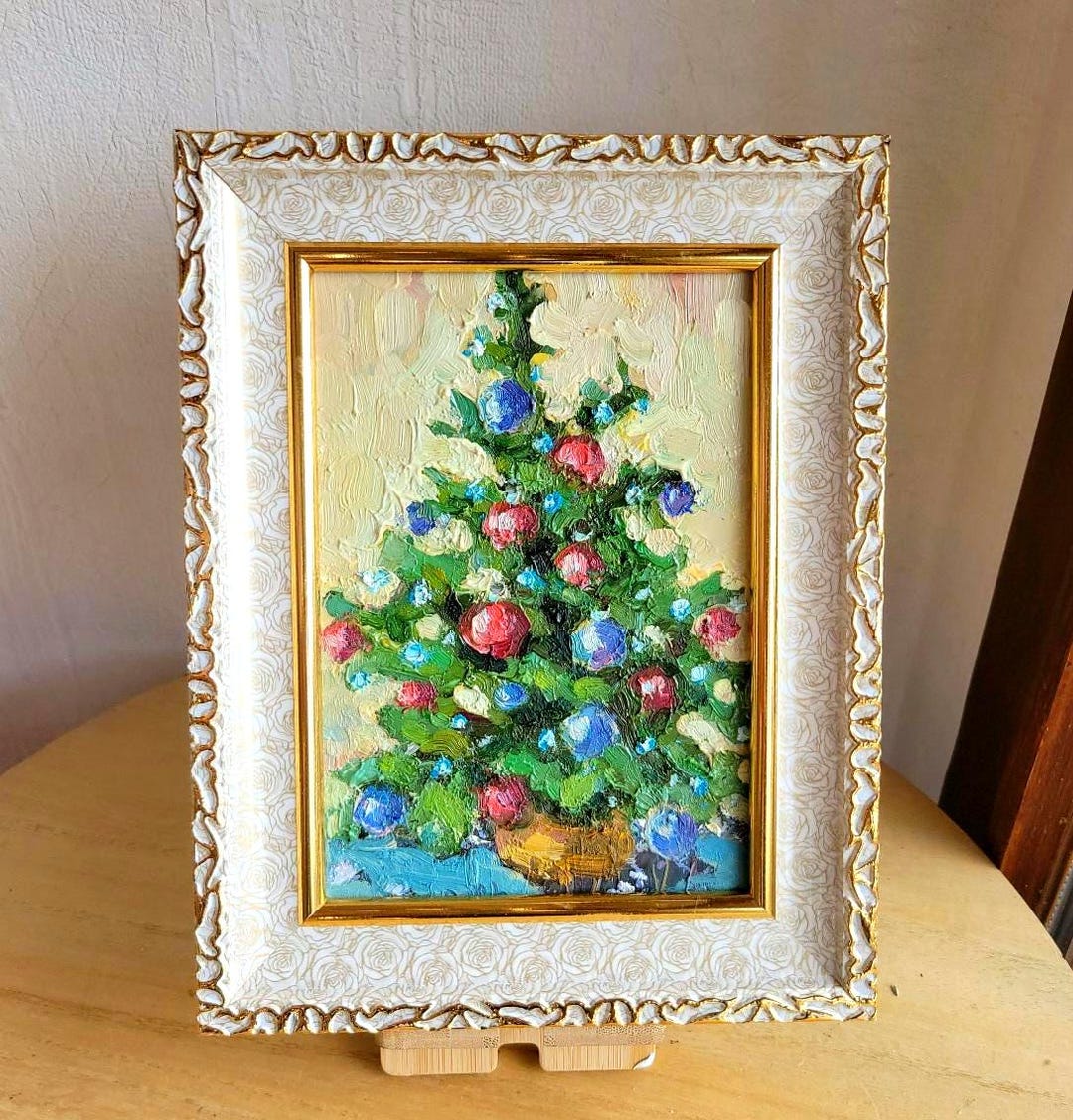 Christmas Tree Oil Painting Light Impasto Original Art 5x7" New Year ...