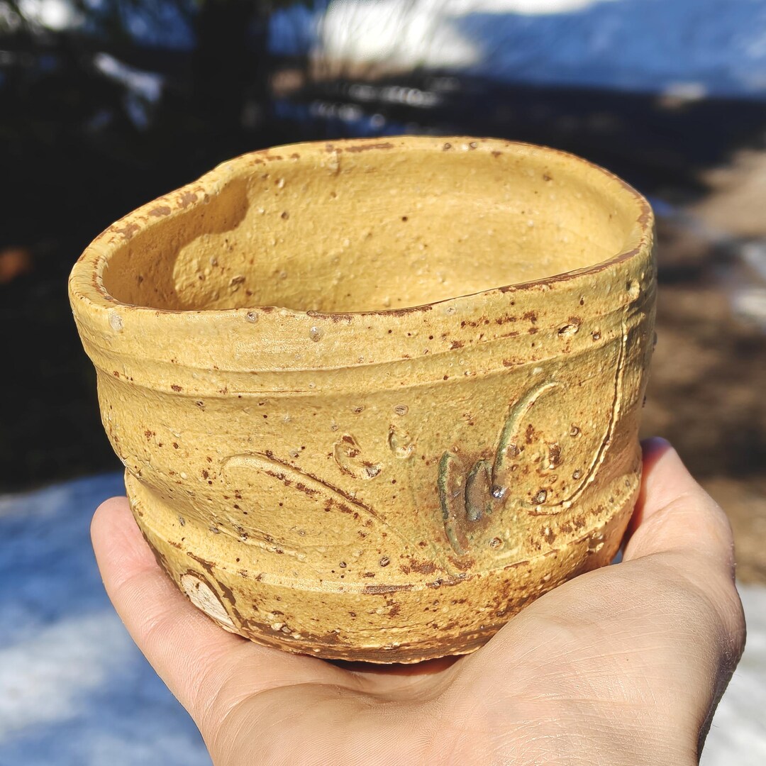 Kazu Yamada Kiseto Chawan, Yellow Glaze Floral Carvings, Kutsu-gata ...